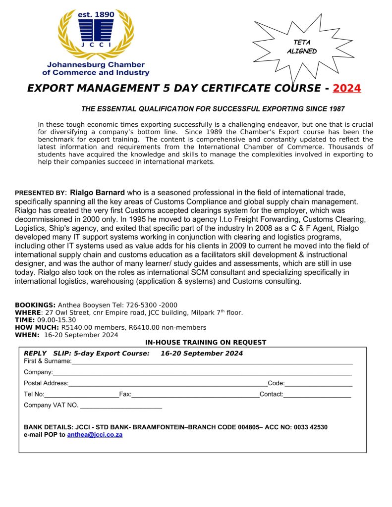EXPORT MANAGEMENT 5 DAY CERTIFCATE COURSE – 16 – 20 SEPTEMBER 2024 – JCCI