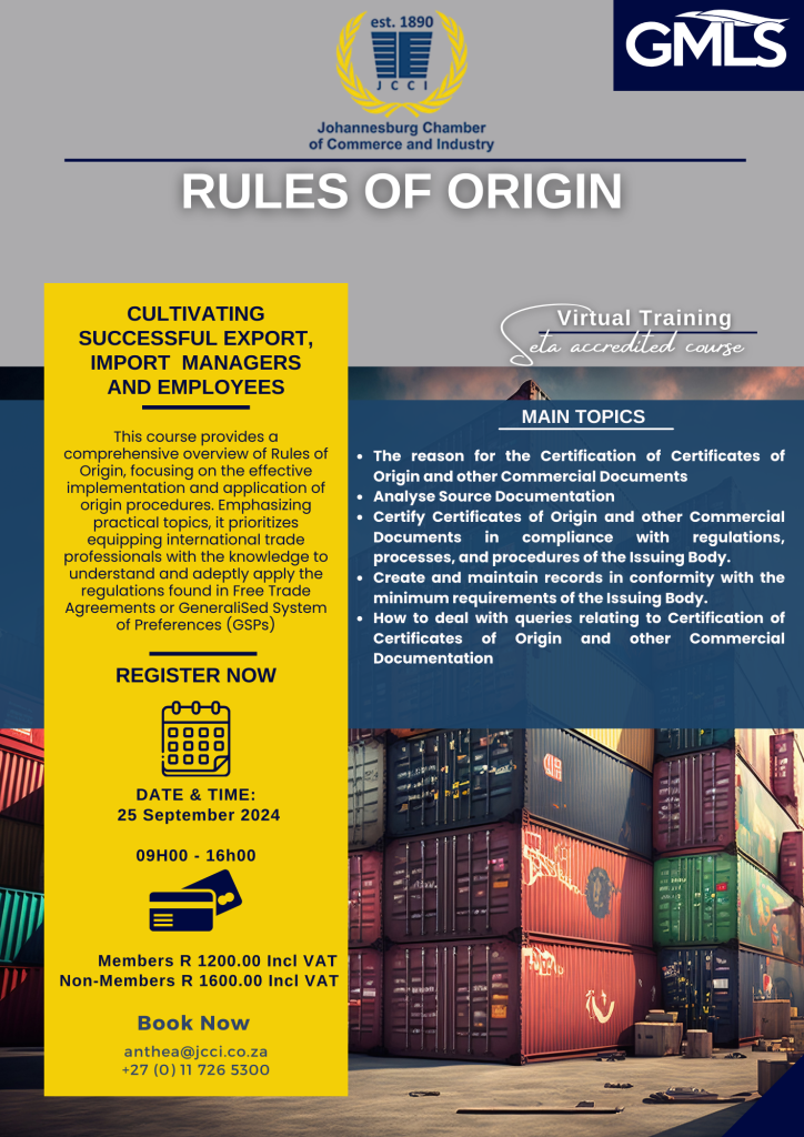 RULES OF ORIGIN: VIRTUAL TRAINING – 25 SEPTEMBER 2024 – JCCI